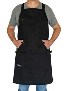 professional chef apron for men women cooking kitchen bbq grill with large tool pockets, adjustable size, cotton black, quick release buckle, dual side loops