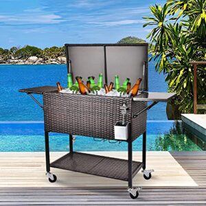 Grepatio 80 Quart Rattan Rolling Cooler Cart, Portable Wicker Cooler Trolley, Beverage for Patio Pool Party, Ice Chest with Cutting Board, Bottle Opener, Cap Catch and Cover (Single Top - Brown)