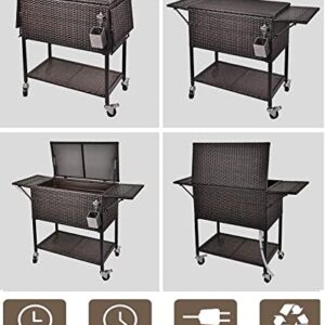 Grepatio 80 Quart Rattan Rolling Cooler Cart, Portable Wicker Cooler Trolley, Beverage for Patio Pool Party, Ice Chest with Cutting Board, Bottle Opener, Cap Catch and Cover (Single Top - Brown)