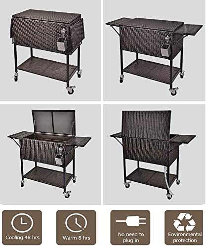 Grepatio 80 Quart Rattan Rolling Cooler Cart, Portable Wicker Cooler Trolley, Beverage for Patio Pool Party, Ice Chest with Cutting Board, Bottle Opener, Cap Catch and Cover (Single Top - Brown)