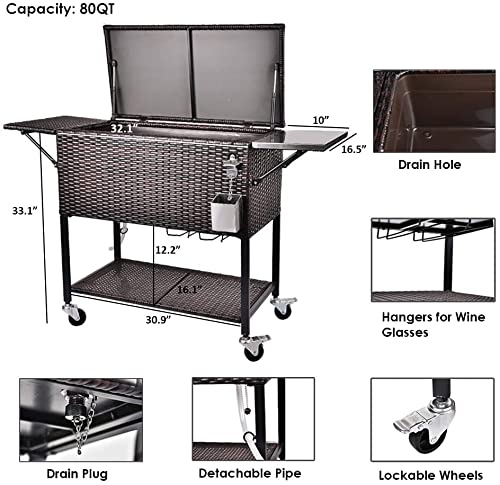 Grepatio 80 Quart Rattan Rolling Cooler Cart, Portable Wicker Cooler Trolley, Beverage for Patio Pool Party, Ice Chest with Cutting Board, Bottle Opener, Cap Catch and Cover (Single Top - Brown)