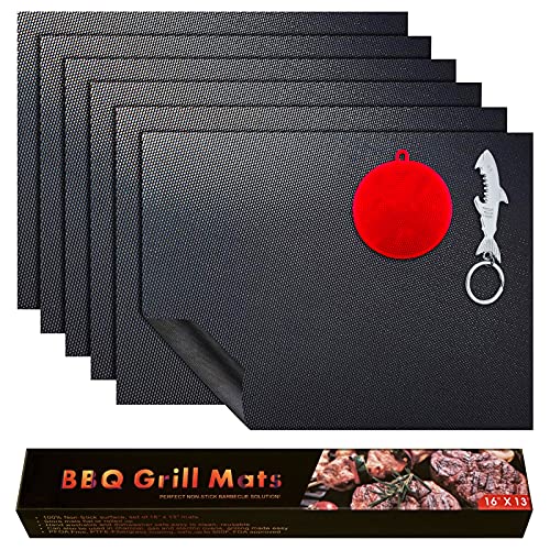 ITZH Grill BBQ Mat 6 Set Heavy Duty, Non-Stick, Heat Resistant and BPA-Free Reusable Grill Mats Supplied with Cleaning Brush and Bottle Opener