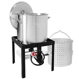 creole feast sbk1001 seafood boiling kit with strainer, outdoor aluminum propane gas boiler with 10 psi regulator, silver