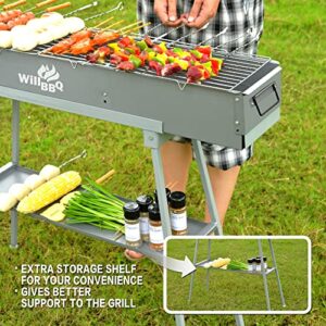 WILLBBQ Commercial Quality Portable Charcoal Grills Multiple Size Hibachi BBQ Lamb Skewer Folded Camping Barbecue Grill for Garden Backyard Party Picnic Travel Home Outdoor Cooking Use(31.6x7.1x5.1 inch)