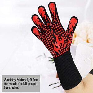 BBQ Gloves 1472℉ Extreme Heat Resistant Protective Cooking Gloves Food Grade Kitchen Oven Mitts with Silicone Non-Slip Grip for BBQ Cooking/ Baking/Smoker/ Fireplace/Welding/ Large & XL (Red+Blue)