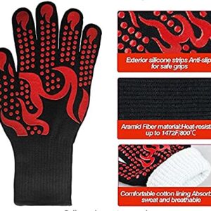 BBQ Gloves 1472℉ Extreme Heat Resistant Protective Cooking Gloves Food Grade Kitchen Oven Mitts with Silicone Non-Slip Grip for BBQ Cooking/ Baking/Smoker/ Fireplace/Welding/ Large & XL (Red+Blue)