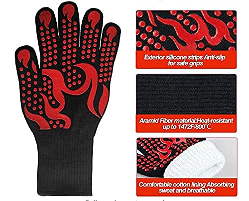 BBQ Gloves 1472℉ Extreme Heat Resistant Protective Cooking Gloves Food Grade Kitchen Oven Mitts with Silicone Non-Slip Grip for BBQ Cooking/ Baking/Smoker/ Fireplace/Welding/ Large & XL (Red+Blue)