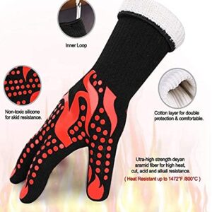 BBQ Gloves 1472℉ Extreme Heat Resistant Protective Cooking Gloves Food Grade Kitchen Oven Mitts with Silicone Non-Slip Grip for BBQ Cooking/ Baking/Smoker/ Fireplace/Welding/ Large & XL (Red+Blue)