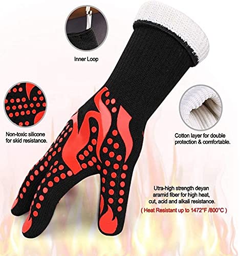 BBQ Gloves 1472℉ Extreme Heat Resistant Protective Cooking Gloves Food Grade Kitchen Oven Mitts with Silicone Non-Slip Grip for BBQ Cooking/ Baking/Smoker/ Fireplace/Welding/ Large & XL (Red+Blue)