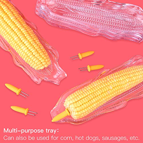 FEPITO 9 Pcs Corn Trays with 20 Pcs Corn Holders on the Cob Skewers Transparent Plastic Corn Dishes Corn Holders Cob Dinnerware for Sweet Butter Corn