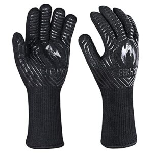 geekhom bbq gloves,1472℉ heat resistant grill gloves, en407 certified 13 inch grilling gloves for smoker, baking, cooking, fire pit (black-flames texture)