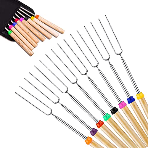 QUTHZZHY Roasting Sticks, Stainless Steel Smore Skewers with Wooden Handle, 32 Inch Extendable BBQ Forks Telescoping Smores Sticks for Fire Pit, Campfire