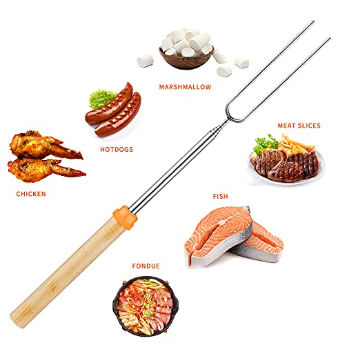 QUTHZZHY Roasting Sticks, Stainless Steel Smore Skewers with Wooden Handle, 32 Inch Extendable BBQ Forks Telescoping Smores Sticks for Fire Pit, Campfire