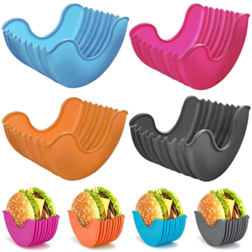 Qoyapow 4Pcs Retractable Burger Fixed Box Adjustable Hamburger Holders Reusable Washable Retractable Hamburger Clip Silicone Rack Holder Burger Box for Burger Lovers Adults and Children