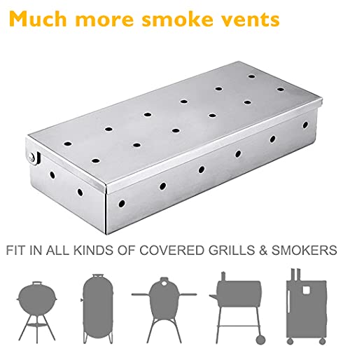 Cosumina Stainless Steel BBQ Smoker Box for Grilling Barbecue Wood Chips On Gas Grill or Charcoal Grill Grilling Accessories with Basting Brush