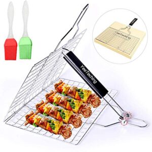 Yeeteching BBQ Grill Basket,430 Durable Food Grade Stainless Steel Fish Grilling Basket with Removable Handle for Fish Vegetable Steak Shrimp with 2 Pack Brushes (grill basket+brushes)