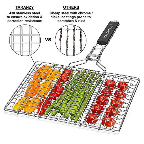 Yeeteching BBQ Grill Basket,430 Durable Food Grade Stainless Steel Fish Grilling Basket with Removable Handle for Fish Vegetable Steak Shrimp with 2 Pack Brushes (grill basket+brushes)