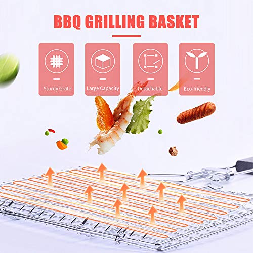 Yeeteching BBQ Grill Basket,430 Durable Food Grade Stainless Steel Fish Grilling Basket with Removable Handle for Fish Vegetable Steak Shrimp with 2 Pack Brushes (grill basket+brushes)