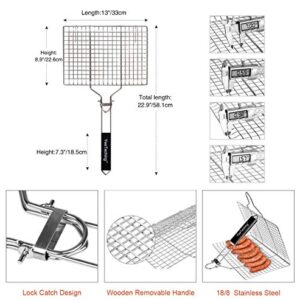 Yeeteching BBQ Grill Basket,430 Durable Food Grade Stainless Steel Fish Grilling Basket with Removable Handle for Fish Vegetable Steak Shrimp with 2 Pack Brushes (grill basket+brushes)