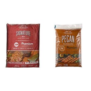 traeger grills pel331 signature blend 100% all-natural hardwood pellets (20 lb. bag) & grills pel314 pecan 100% all-natural hardwood pellets grill, smoke, bake, roast, braise and bbq, 20 lb. bag