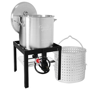 creole feast sbk0801 seafood boiling kit with strainer, outdoor aluminum propane gas boiler with 10 psi regulator, silver