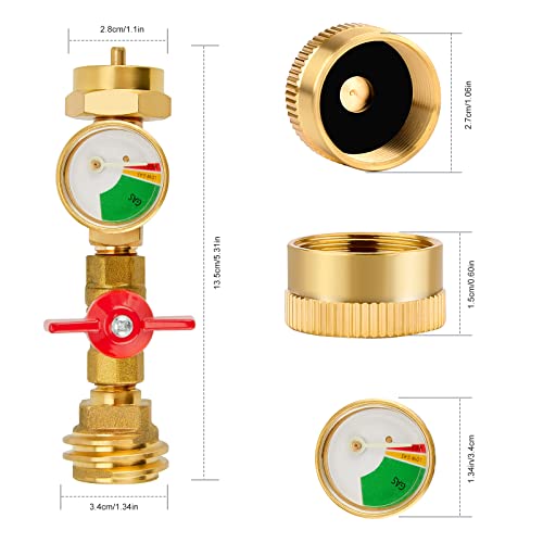 1lb Propane Tank Adapter with On/Off Valve and Gauge, 20lb to 1lb Propane Tank adapter for 1lb/16.4oz Propane Cylinder, Converter Universal 1 Pound / 16.4oz Disposable Tank for 20lb LP Gas Big Tank