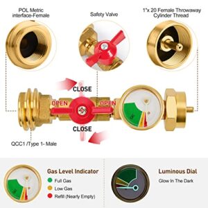 1lb Propane Tank Adapter with On/Off Valve and Gauge, 20lb to 1lb Propane Tank adapter for 1lb/16.4oz Propane Cylinder, Converter Universal 1 Pound / 16.4oz Disposable Tank for 20lb LP Gas Big Tank