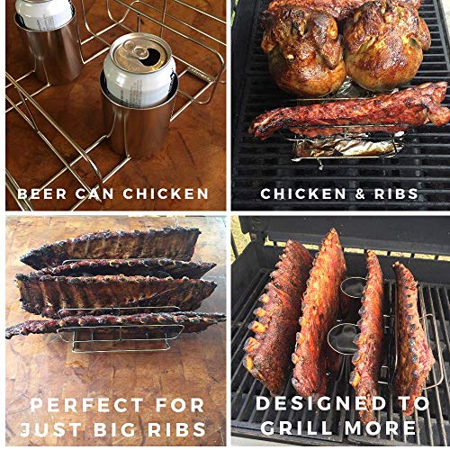 Cataumet BBQ Rib Rack and Beer Can Chicken Holder Smoking Rack Fits Big Egg Style Grills Ovens and Smokers Made with Genuine 304 Stainless Steel