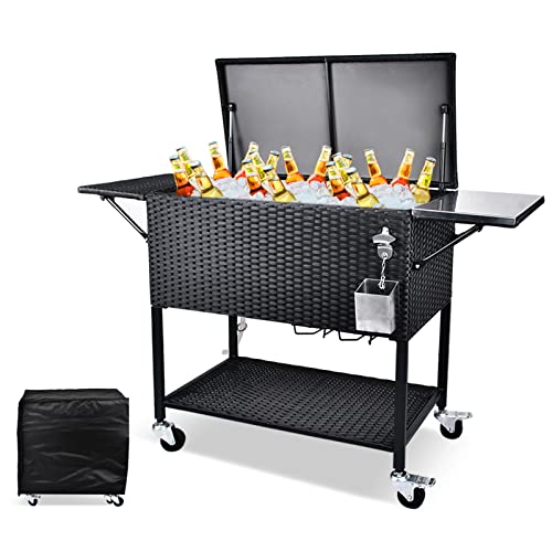 MAGIC UNION Outdoor Rolling Wicker Cooler Cart, 80 Quart Ice Chest Portable Beverage Bar for Patio Pool Party, Rattan Cooler Trolley with Bottle Opener, Waterproof Cover (Black- Single Top)