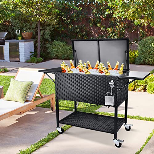 MAGIC UNION Outdoor Rolling Wicker Cooler Cart, 80 Quart Ice Chest Portable Beverage Bar for Patio Pool Party, Rattan Cooler Trolley with Bottle Opener, Waterproof Cover (Black- Single Top)