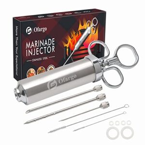 ofargo meat injector, meat injectors for smoking, 3 marinade injector syringe needles; injector marinades for meats, turkey, beef; 2-oz, user manual included