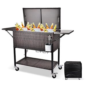 okida rolling wicker cooler cart outdoors, 80 quart ice chest with bottle opener, portable beverage bar for patio pool party, rattan cooler trolley with stainless cutting board and waterproof cover