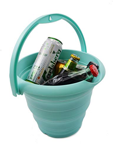 SAMMART Set of 2 - 5L (1.32Gallon) Collapsible Fishing Bucke - Foldable Round Tub - Portable Plastic Water Pail - Space Saving Outdoor Waterpot (2, Lake Green)