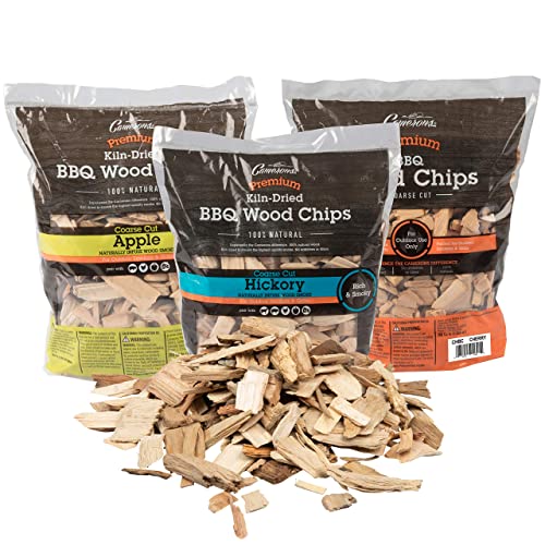 Camerons All Natural Wood Chips for Smoker, 3 Pack - Apple, Cherry, Hickory - 260 Cu In Bag, Approx 2lbs ea - Kiln Dried Coarse BBQ Grill Wood Chips for Smoking - Barbecue Accessories & Grilling Gifts