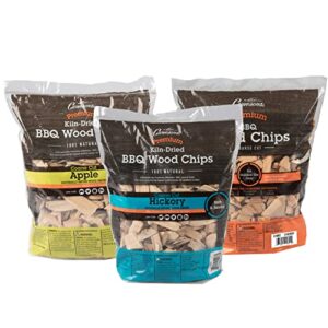 Camerons All Natural Wood Chips for Smoker, 3 Pack - Apple, Cherry, Hickory - 260 Cu In Bag, Approx 2lbs ea - Kiln Dried Coarse BBQ Grill Wood Chips for Smoking - Barbecue Accessories & Grilling Gifts