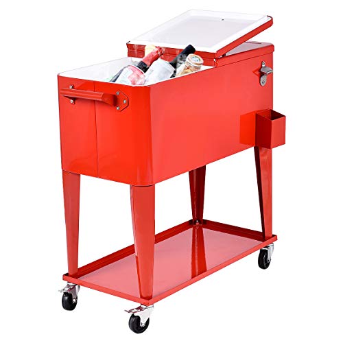 ReunionG 80-Quart Rolling Cooler Cart w/Bottle Opener and Catch Tray for Party Steel Bar Bistro- Red