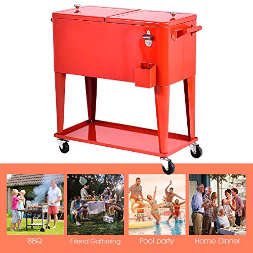 ReunionG 80-Quart Rolling Cooler Cart w/Bottle Opener and Catch Tray for Party Steel Bar Bistro- Red