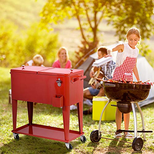 ReunionG 80-Quart Rolling Cooler Cart w/Bottle Opener and Catch Tray for Party Steel Bar Bistro- Red