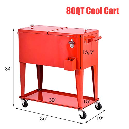 ReunionG 80-Quart Rolling Cooler Cart w/Bottle Opener and Catch Tray for Party Steel Bar Bistro- Red