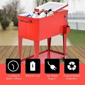 ReunionG 80-Quart Rolling Cooler Cart w/Bottle Opener and Catch Tray for Party Steel Bar Bistro- Red