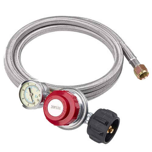 GASLAND High Pressure Propane Hose, 0-20 PSI 8 Ft Stainless Steel Braided Hose, Adjustable Propane Regulator with Hose, Type1 and 3/8 Female Flare Swivel Fitting, Propane Gas Grill Connectors