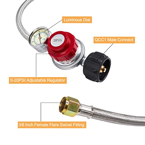 GASLAND High Pressure Propane Hose, 0-20 PSI 8 Ft Stainless Steel Braided Hose, Adjustable Propane Regulator with Hose, Type1 and 3/8 Female Flare Swivel Fitting, Propane Gas Grill Connectors