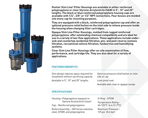 Pentair Pentek 158115 Traditional Slim Line Filter Housing, 1/4" NPT #10 Under Sink Opaque Water Filter Housing with Pressure Relief Button, 10-Inch, Blue