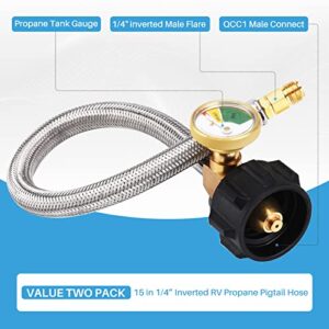 2 Pack 1/4" Inverted RV Propane Pigtail Hose with Gauge, 15inch RV Propane Hose Connector with Type 1/4" Inverted Male Flare Stainless Steel Braided for 5LB - 40LB Propane Tank Coming with Tape