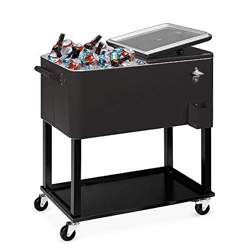 HomVent 80 Quart Rolling Cooler Cart, Outdoor Rolling Ice Chest on Wheels, Portable Patio Party Bar Drink Cooler Cart with Shelf and Bottle Opener (Black)