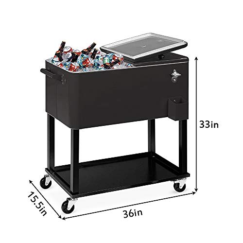 HomVent 80 Quart Rolling Cooler Cart, Outdoor Rolling Ice Chest on Wheels, Portable Patio Party Bar Drink Cooler Cart with Shelf and Bottle Opener (Black)