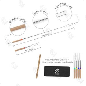 TooglBox - 4 Piece 32 Inch Marshmallow Roasting Stick - Telescoping Stainless Steel Cookware Set-Forks for Smores & Hot Dogs - Bonus 20 Bamboo skewers, Bag (4)