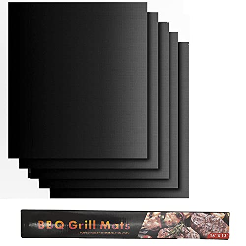 DRPORONYN Grill Mat , Set of 5 Non-Stick BBQ Grill Mats Grilling mat for Outdoor Grill ,Heavy Duty, Reusable, Easy to Clean , Works on Gas Charcoal and Electric BBQ ,15.75x13 inch - Black