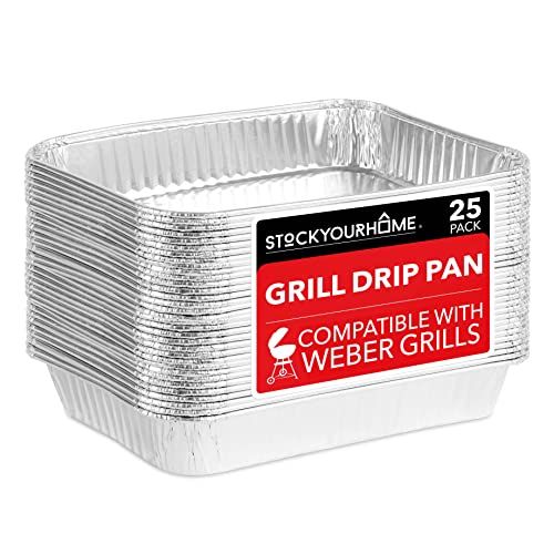 Stock Your Home 2” Aluminum Drip Pan (25 Count) Disposable Foil Liner, Compatible with Weber Grills, Dripping Pans, BBQ Grease Tray to Catch Oil, Outdoor Weber Grill Accessories