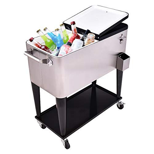 RELAX4LIFE Rolling Cooler 80 Quart Stainless Steel W/ Shelf for Party,Picnic Outdoor Beverage Bar Portable Ice Chest